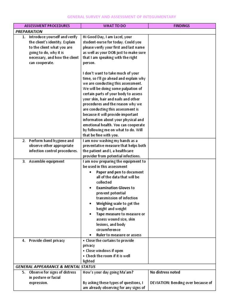 Integumentary Assessment Guide | PDF | Nail (Anatomy) | Medical Specialties