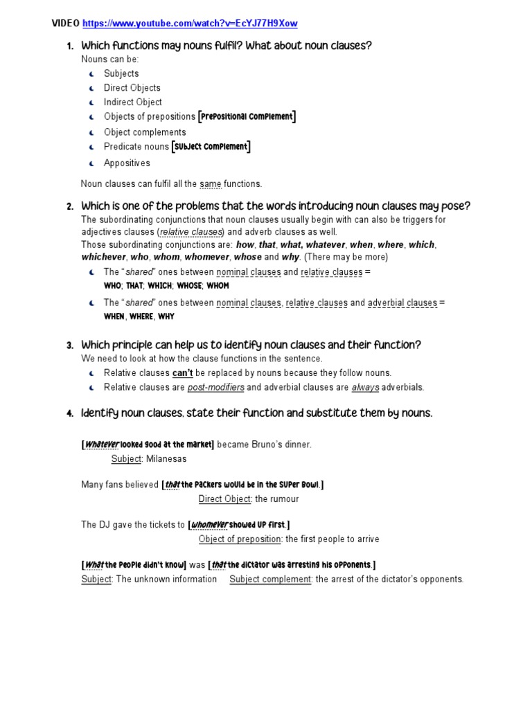 Functions of Nouns and Noun Clauses | PDF | Clause | Pronoun