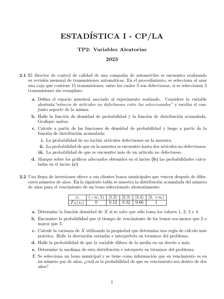 Estad Istica I - Cp/La: TP2: Variables Aleatorias 2023 | PDF | Variable aleatoria | Probabilidad