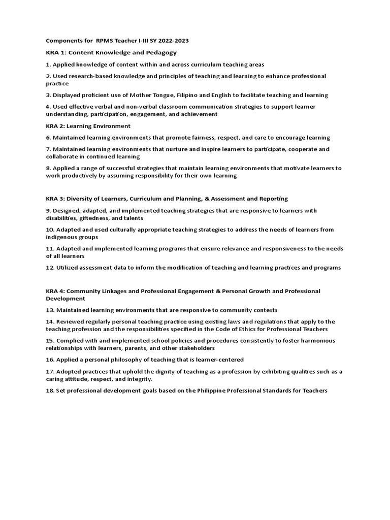 Components For RPMS Teacher I-III SY 2022-2023 | PDF