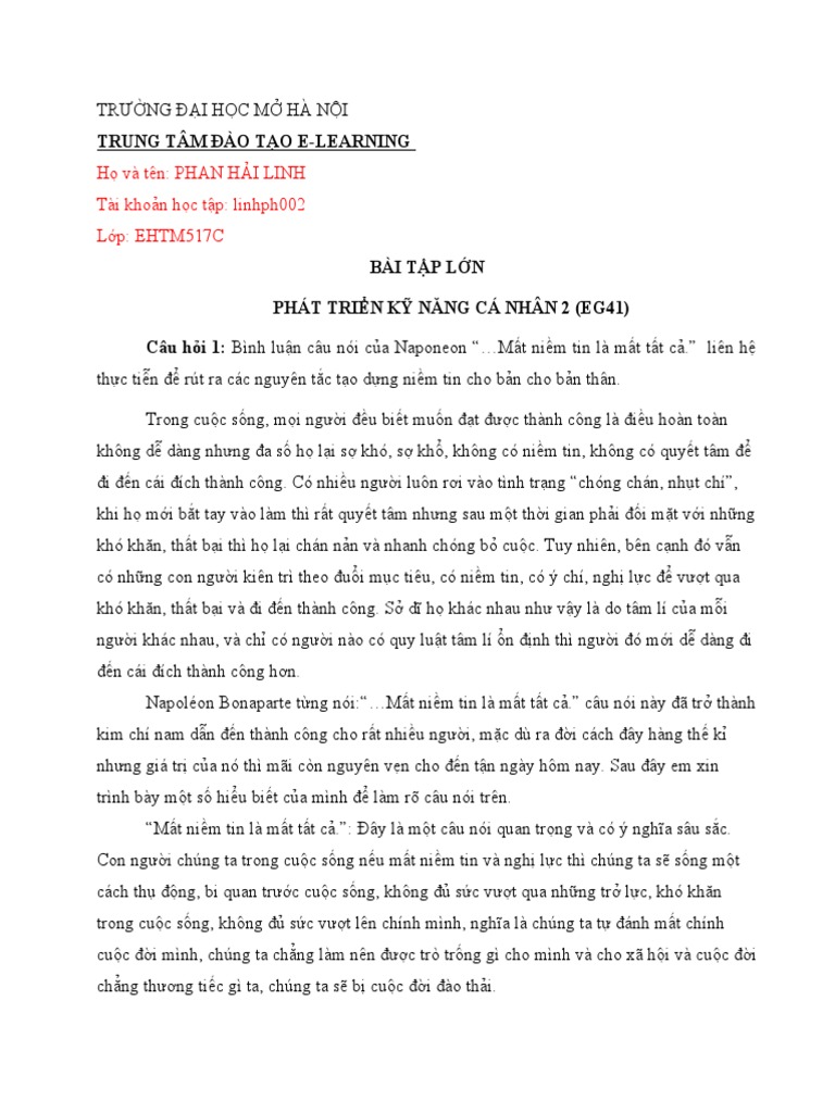 BÀI TẬP LỚN MÔN PHÁT TRIỂN KỸ NĂNG CÁ NHÂN 2 (EG41) - PHAN HAI LINH | PDF