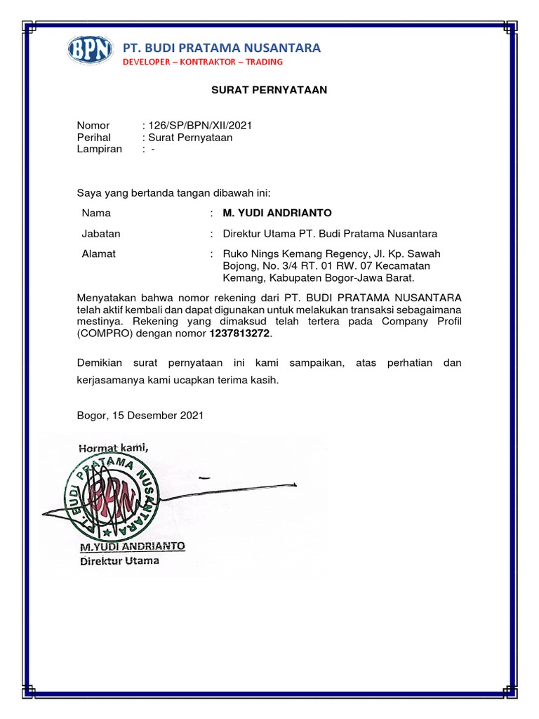 SP No. REK PT. BUDI PRATAMA NUSANTARA | PDF