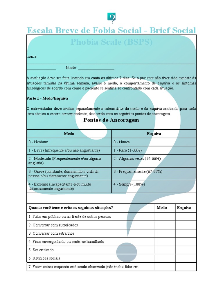 Escala Breve de Fobia Social - Brief Social Phobia Scale (BSPS ...