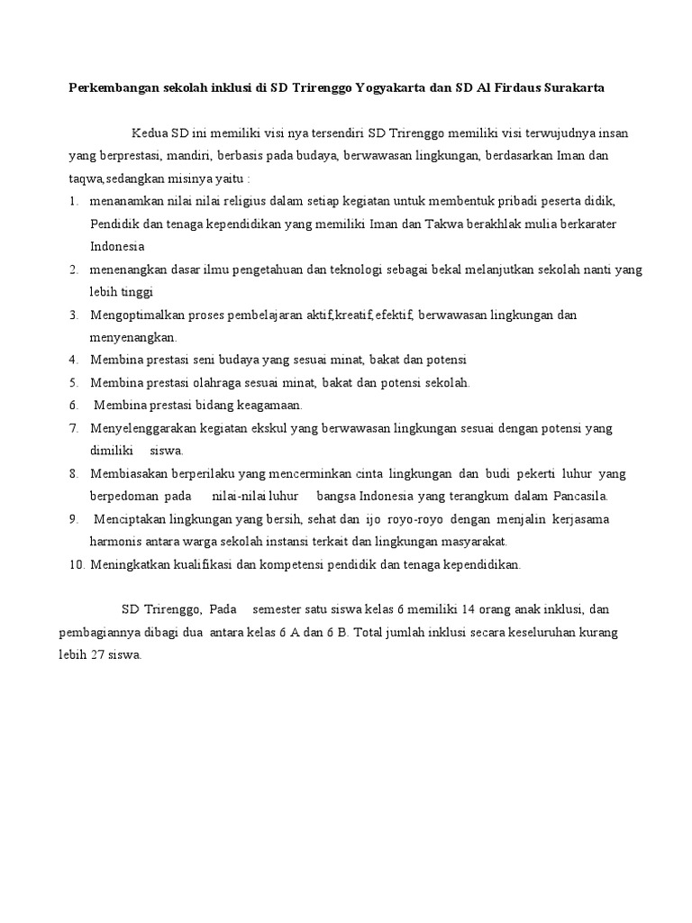 Perkembangan Sekolah Inklusi Di SD Trirenggo Yogyakarta Dan SD Al Firdaus Surakarta | PDF ...