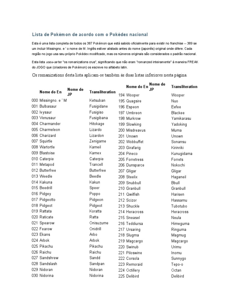 Lista Completa de Pokémon por Pokédex | PDF | Jogos japoneses | Pokémon