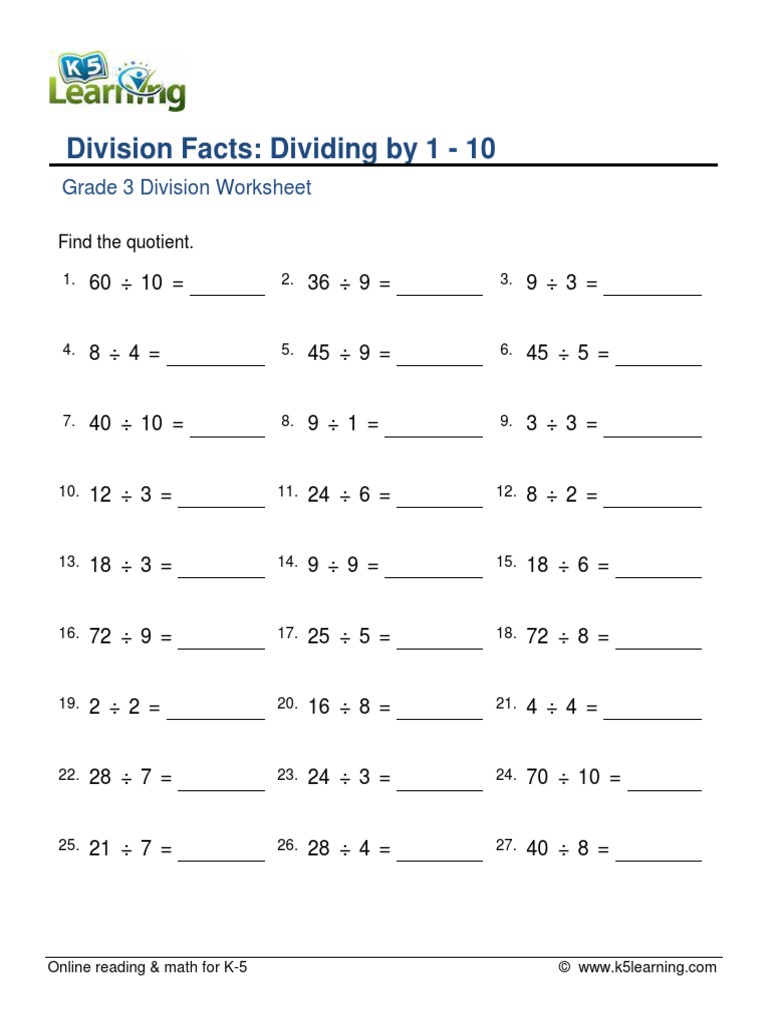 Grade 3 Division Worksheet - Dividing by 1-10 | PDF