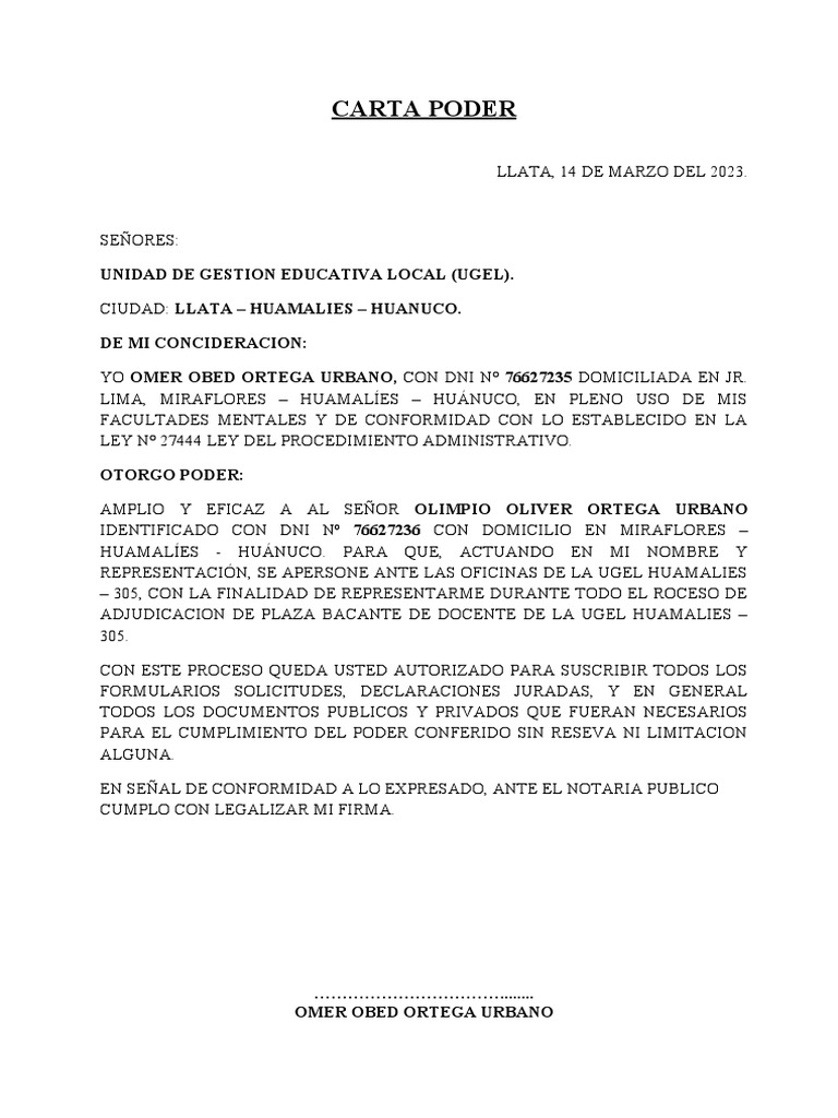 Carta Poder para Adjudicacion Ugel Huamalies Omer | PDF