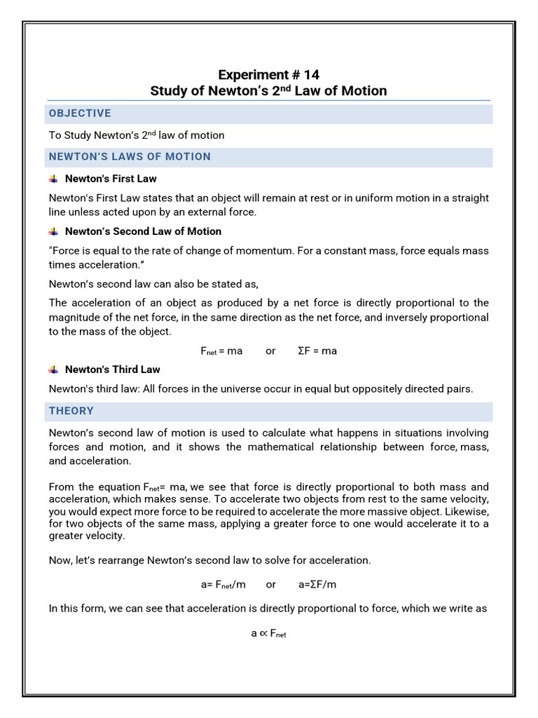 Lab 14 Study of Newton's 2nd Law of Motion | PDF | Force | Newton's ...