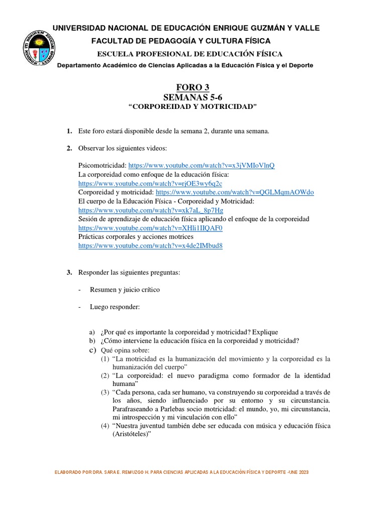 FORO 3-.SEM 5-6-DESARROLLO yAPRENDIZAJE MOTOR - UNE - .SARA REMUZGO | PDF