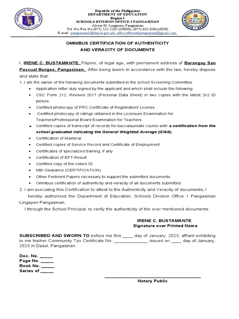 Omnibus Certification of Authenticity | PDF | Legal Documents | Civil Law (Common Law)