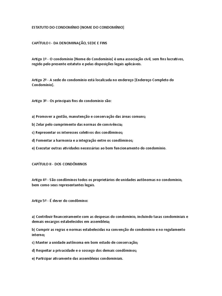 Estatuto do Condomínio [Nome] | PDF | Condomínio | Justiça