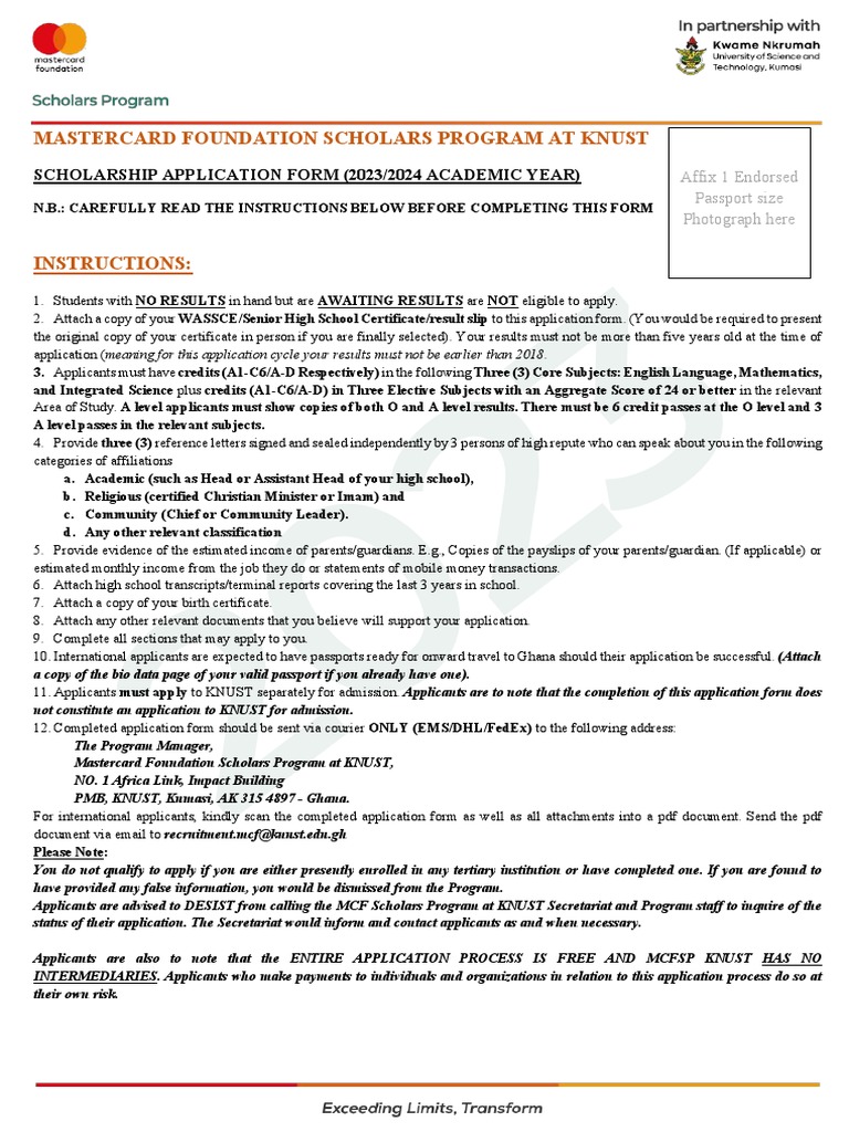Mastercard Foundation Scholars Program at Knust 2023 Application Form | PDF