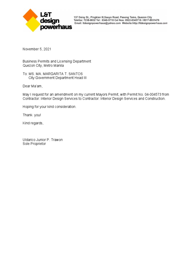 Request Letter - Mayor's Permit | PDF