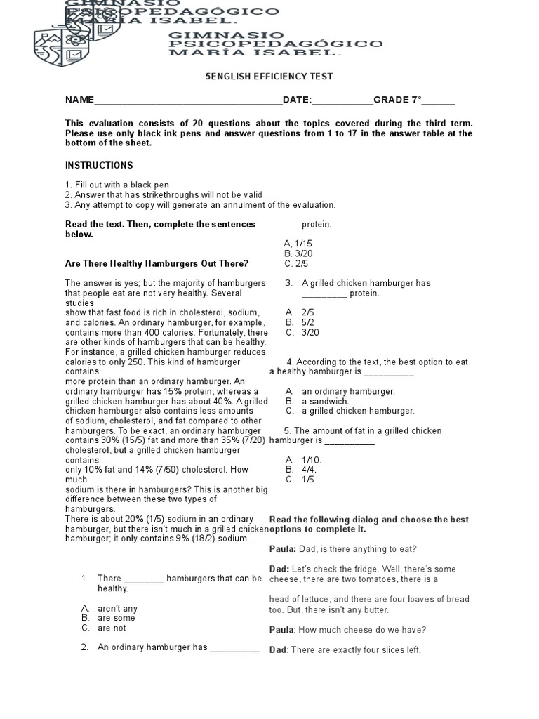 ENGLISH EFFICIENCY TEST 7° Tercer Periodo | PDF | Hamburgers | Fat