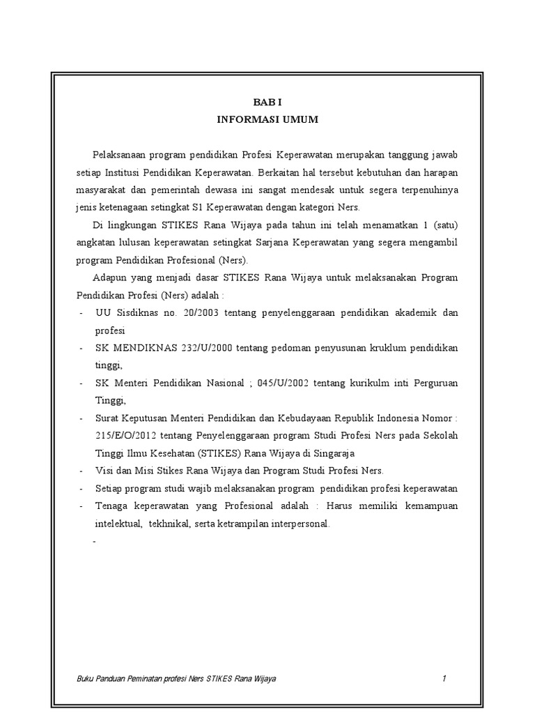 Bab I Informasi Umum: Buku Panduan Peminatan Profesi Ners STIKES Rana Wijaya | PDF