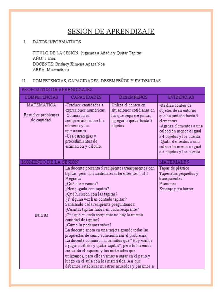 Sesión de Aprendizaje Area Matematica | PDF | Cognición