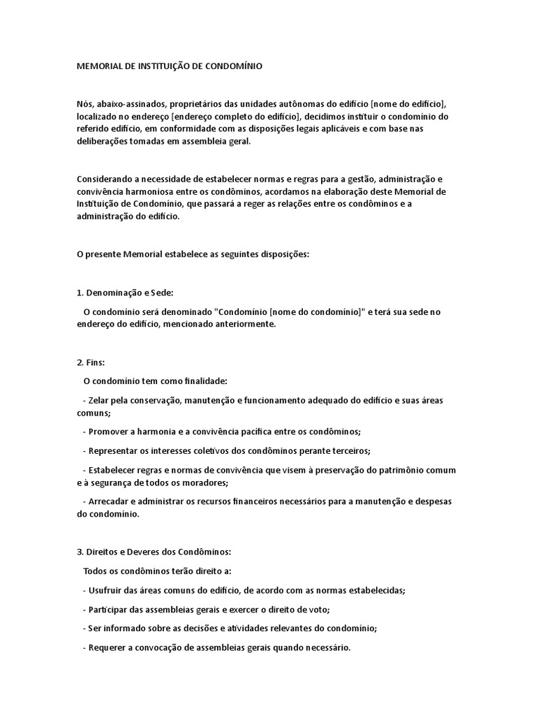 Modelo MEMORIAL DE INSTITUIÇÃO DE CONDOMÍNIO | PDF | Condomínio | Justiça