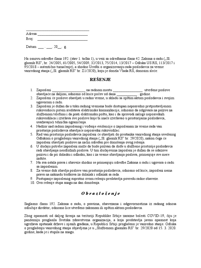 Resenje o Obavljanju Poslova Od Kuce | PDF