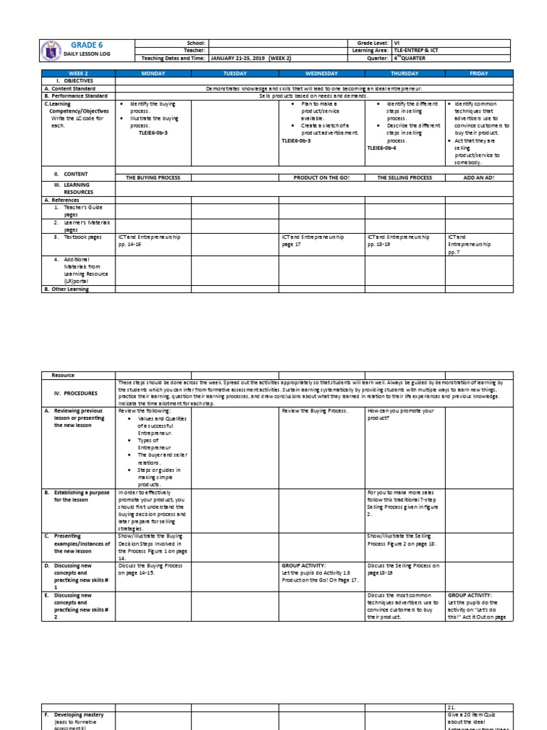 G6 K-12 DLL Q4 Week 2 2018-2019 Epp Entrep Ict | PDF | Sales | Educational Technology