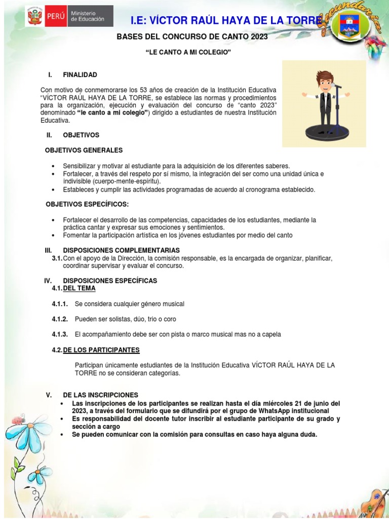Concurso de Canto 2023 en I.E. Haya de la Torre | PDF