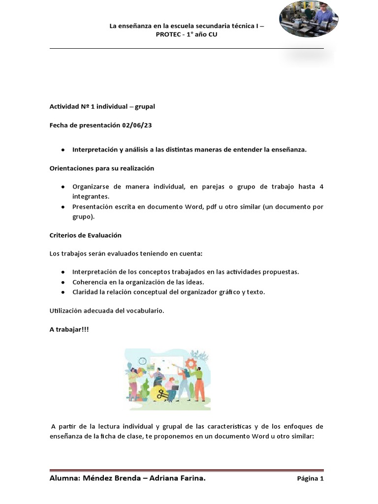 T.P. 1- Mendez Brenda-Farina Adriana-La Enseñanza en La Escuela Tecnica I | PDF | Enseñando ...