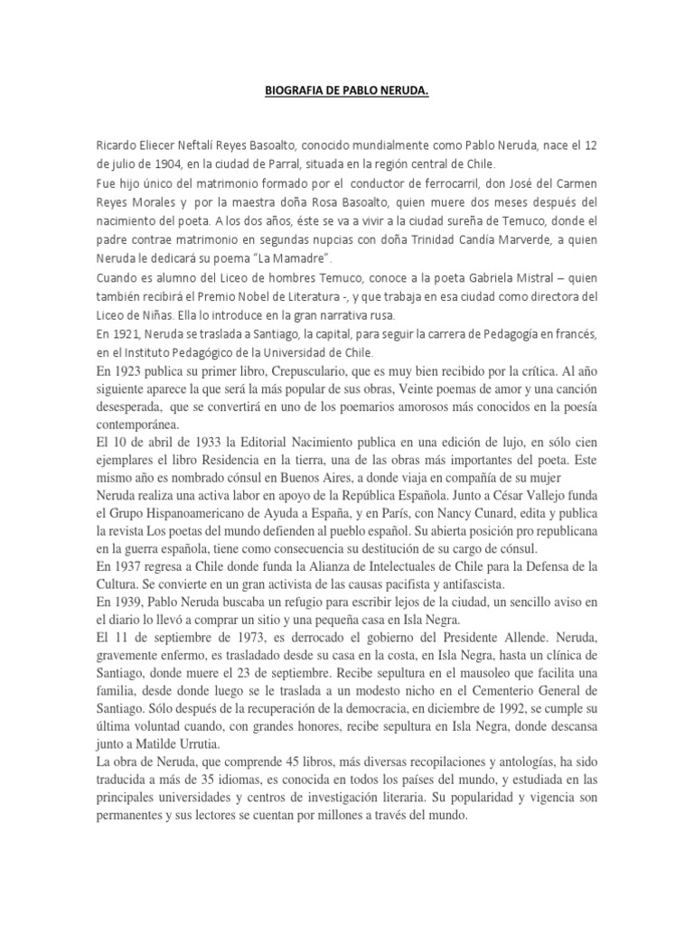 Biografia de Pablo Neruda | PDF