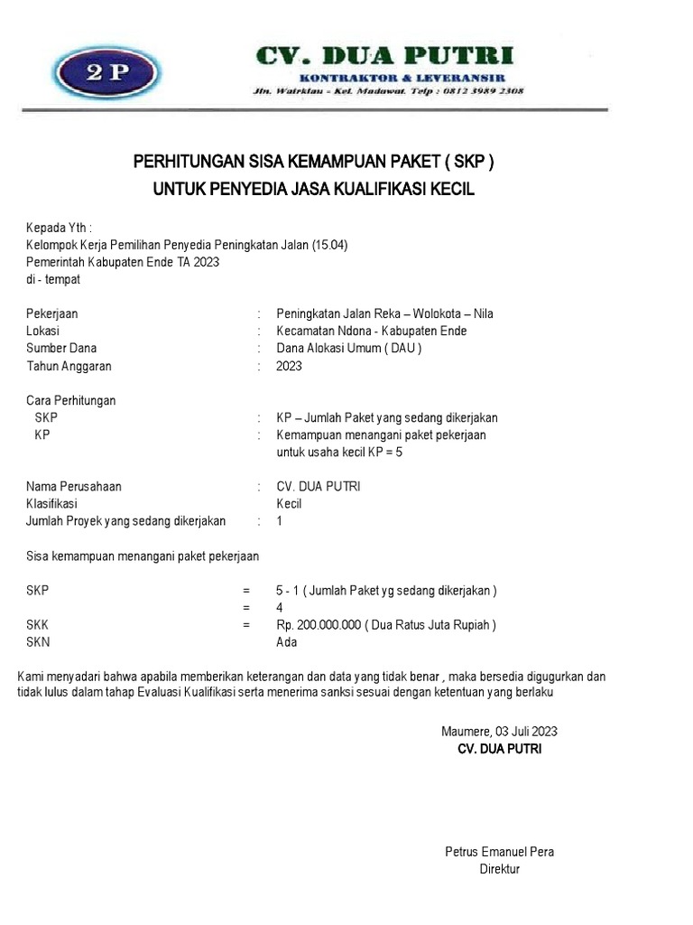 SKP CV Dua Putri untuk Proyek Jalan | PDF