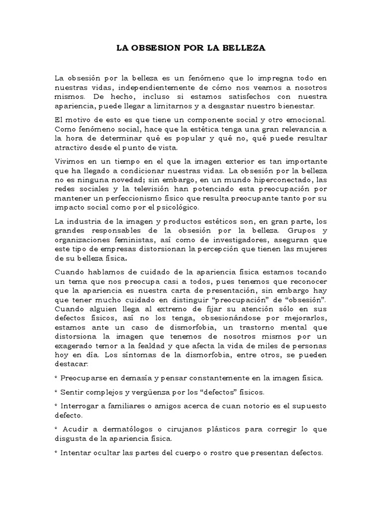 La Obsesion Por La Belleza | PDF | Psicología anormal | Ciencia cognitiva