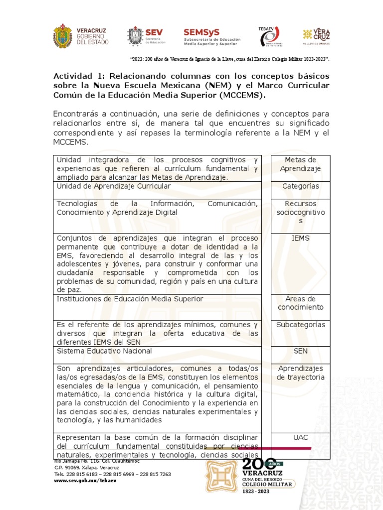 Actividad1 Relacionar Columnas Del MCCEMS | PDF | Plan de estudios | Conocimiento