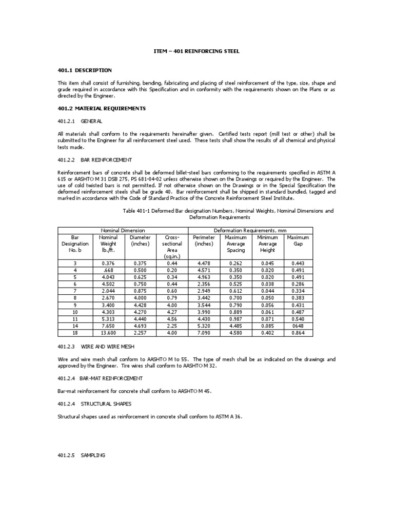 Item 401 - Reinforcing Steel | PDF | Mechanical Engineering | Physical Sciences