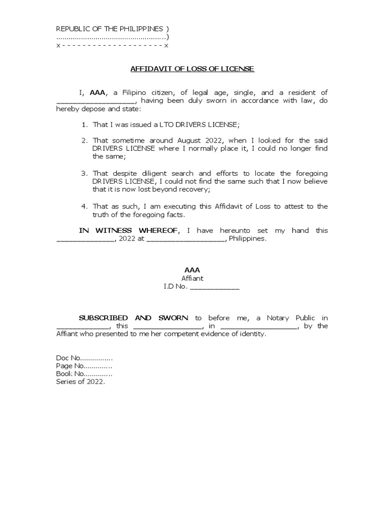 Affidavit of Loss LICENSE | PDF