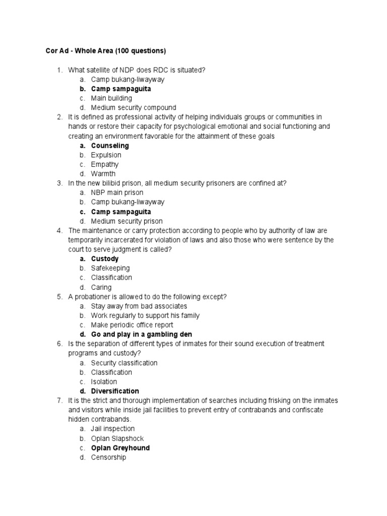 Cor Ad - Whole Area (100 Questions) | PDF | Pardon | Prison