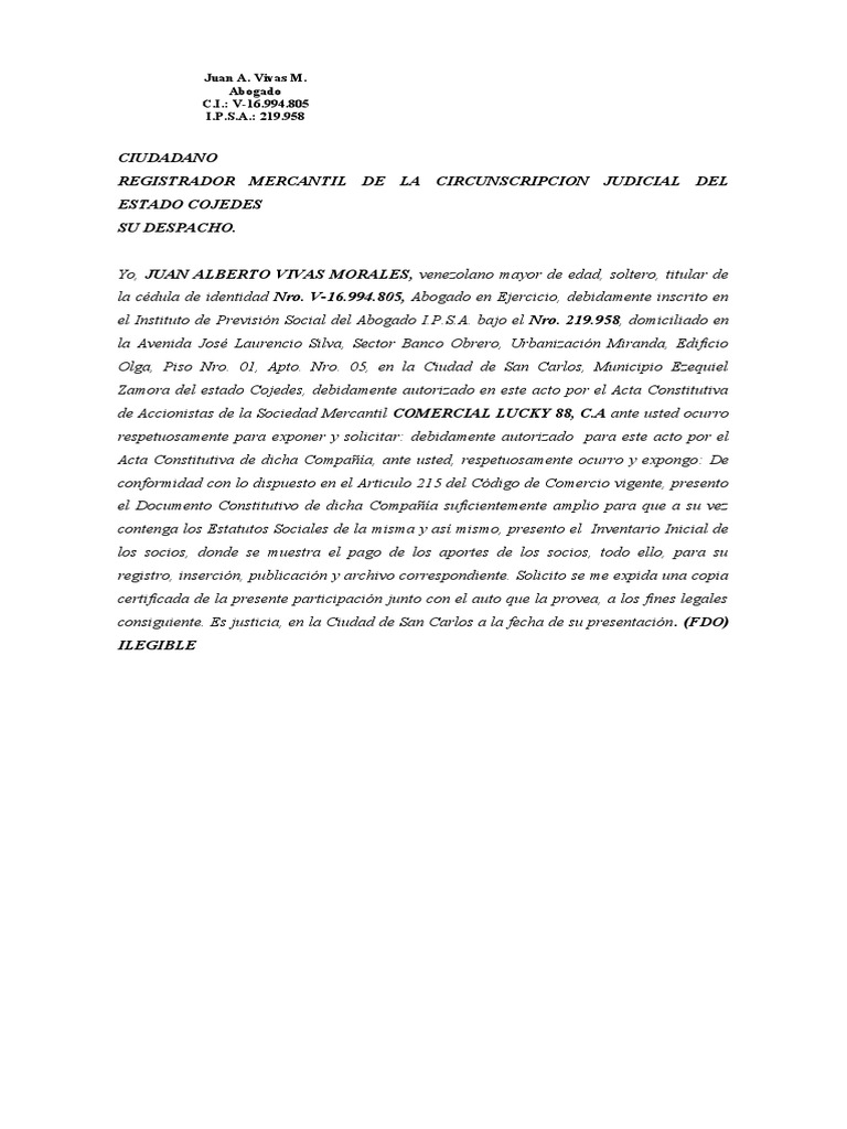 ACTA CONSTITUTIVA LUCKY 88 | PDF | Bancos | Compartir (Finanzas)