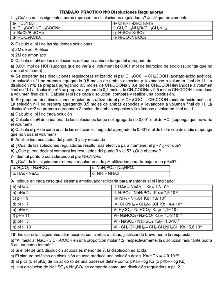 Disoluciones Reguladoras: Cálculos y Análisis | PDF | Sal (química) | Ph