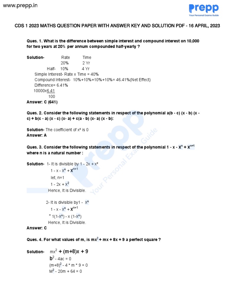 CDS 1 2023 Maths Solution | PDF | Area | Triangle