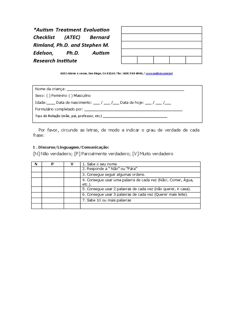 ATEC Autism Treatment Evaluation Checklist | PDF