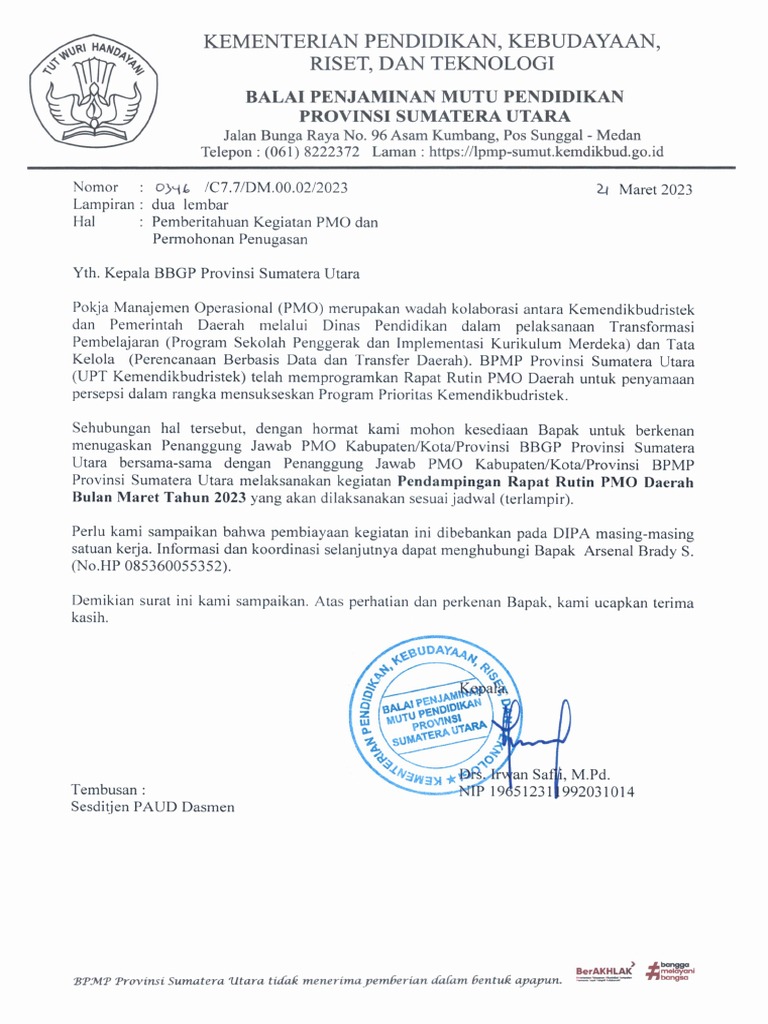 Pemberitahuan Kegiatan PMO dan Permohonan Penugasan Kepala BBGP ...