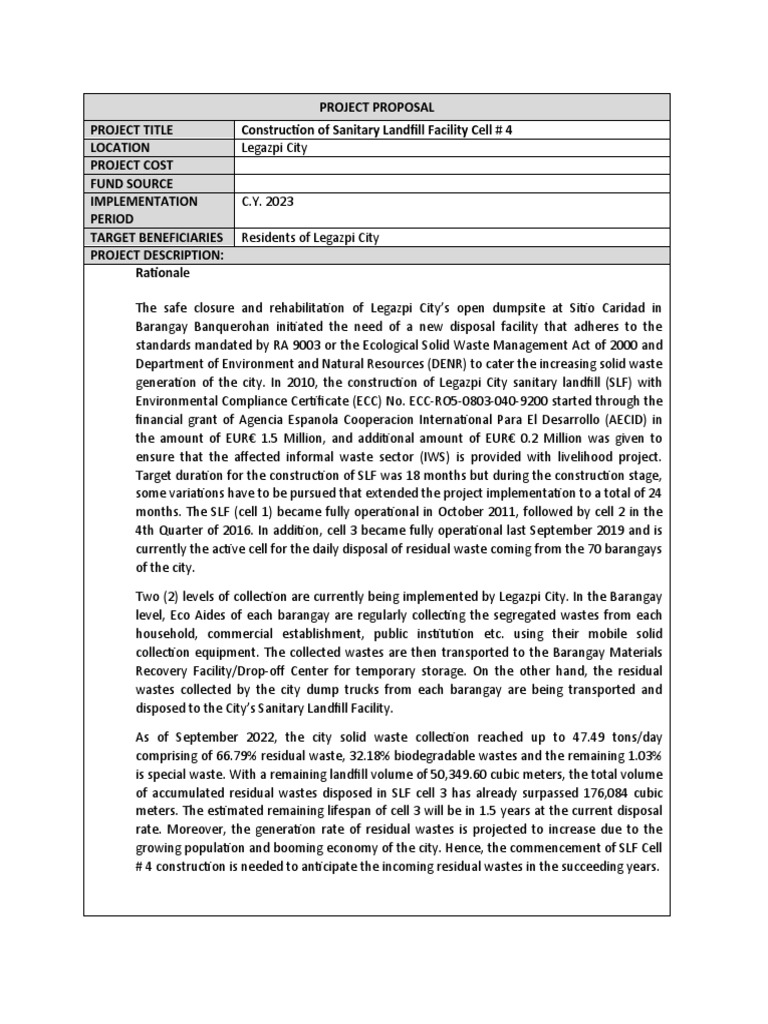Project-Proposal-SLF Cell No. 4 | PDF | Landfill | Municipal Solid Waste