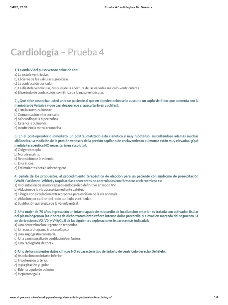 Prueba 4 Cardiología - Dr. Guevara | PDF | Electrocardiografia | Insuficiencia cardíaca