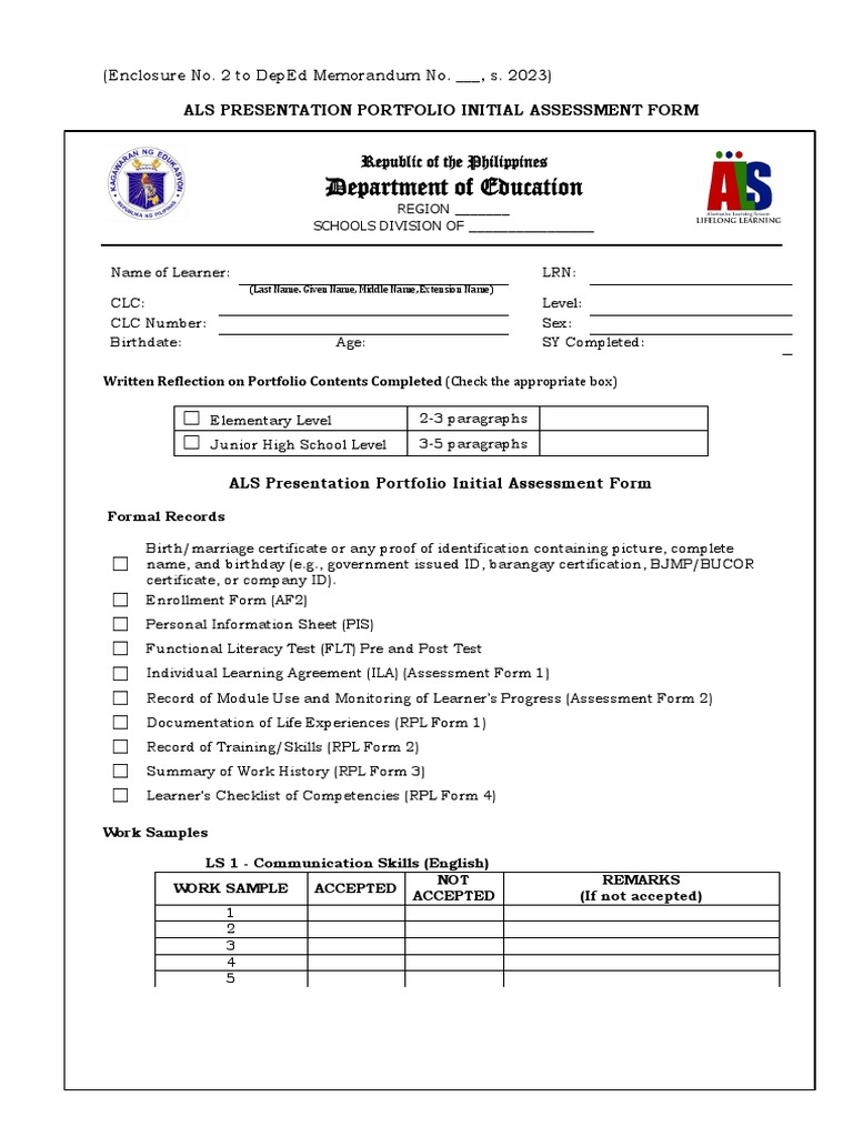 ALS Presentation Portfolio Assessment Form | PDF | Learning | Education ...