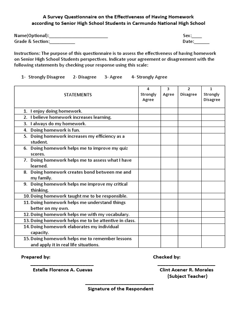 Homework Effectiveness Survey for Students | PDF