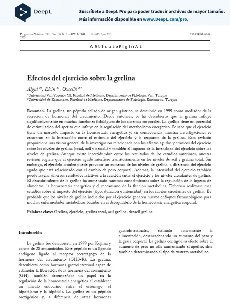 Efecto Del Ejercicio Sobre La Grelina | PDF | Tejido adiposo | Homeostasis