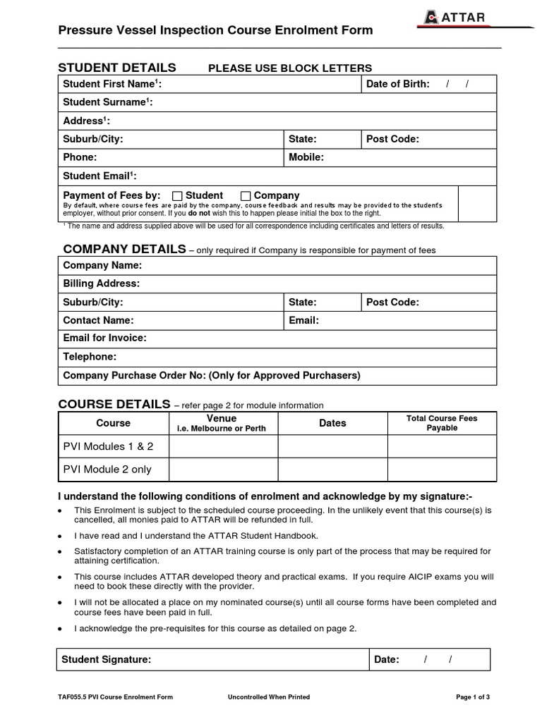 ATTAR Course Enrolment Form PVI | PDF | Nondestructive Testing | Credit ...
