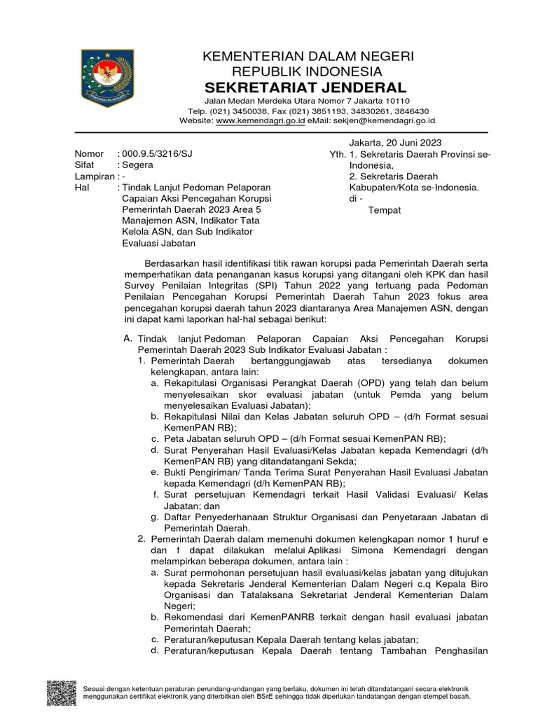 Surat KDN Ke Sekda Ttg Tindaklanjut MCP KPK | PDF