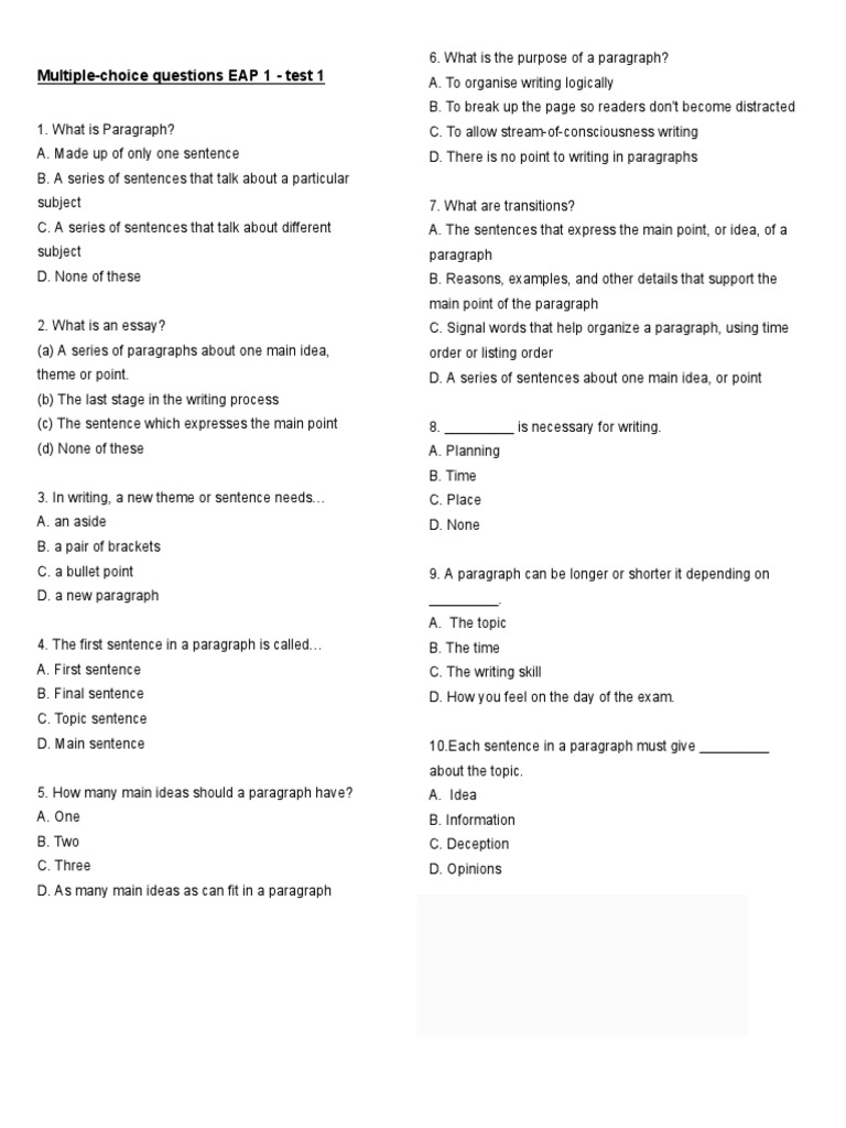 EAP 1 - Test 1 | PDF | Paragraph | Multiple Choice