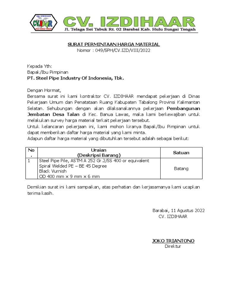 Surat Permintaan Harga Material | PDF