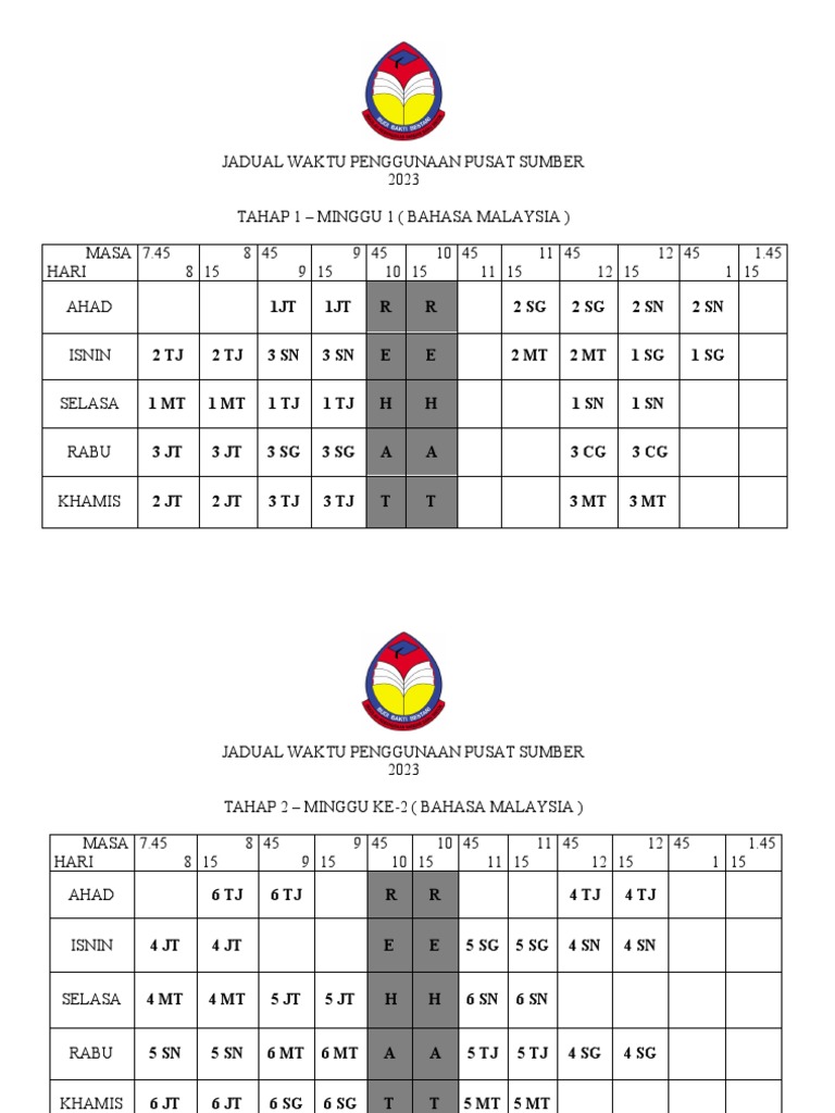 Jadual Waktu Penggunaan Pusat Sumber 2022 | PDF