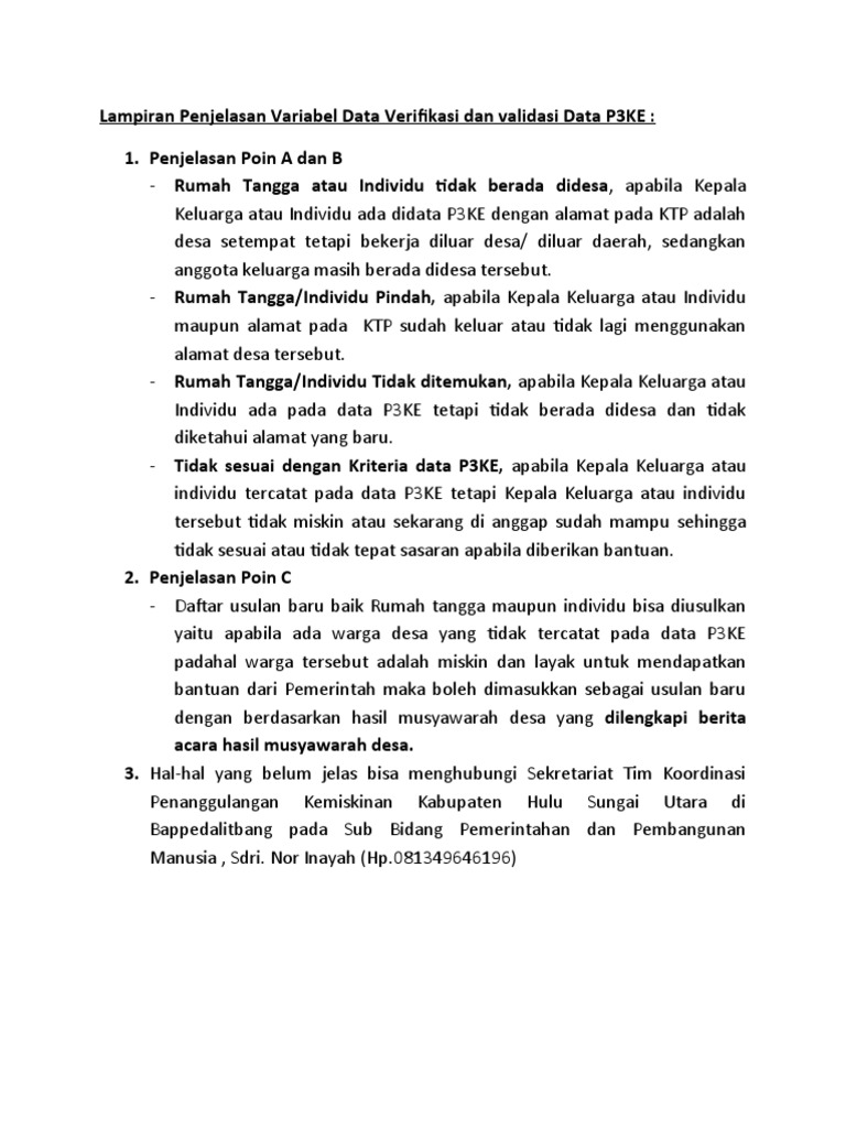 Lampiran Penjelasan Variabel Data Verifikasi Dan Validasi Data P3KE | PDF