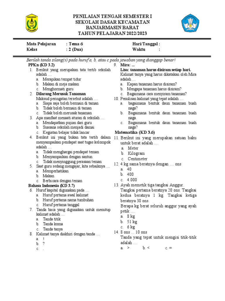 Soal Ulangan Kelas 2 Tema 6 (Sub 3 Dan 4) | PDF