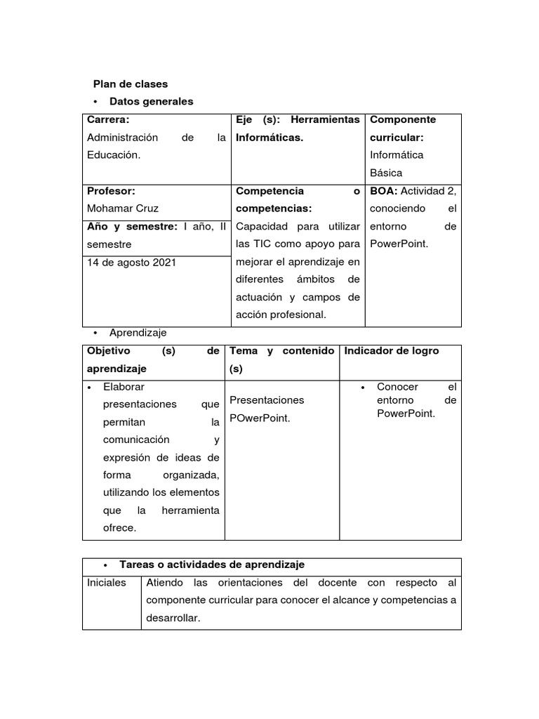 Plan de Clase 2 | Descargar gratis PDF | Evaluación | Maestros